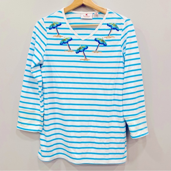 Quacker Factory | Tops | Quacker Factory Xs Vneck White Aqua Striped ...